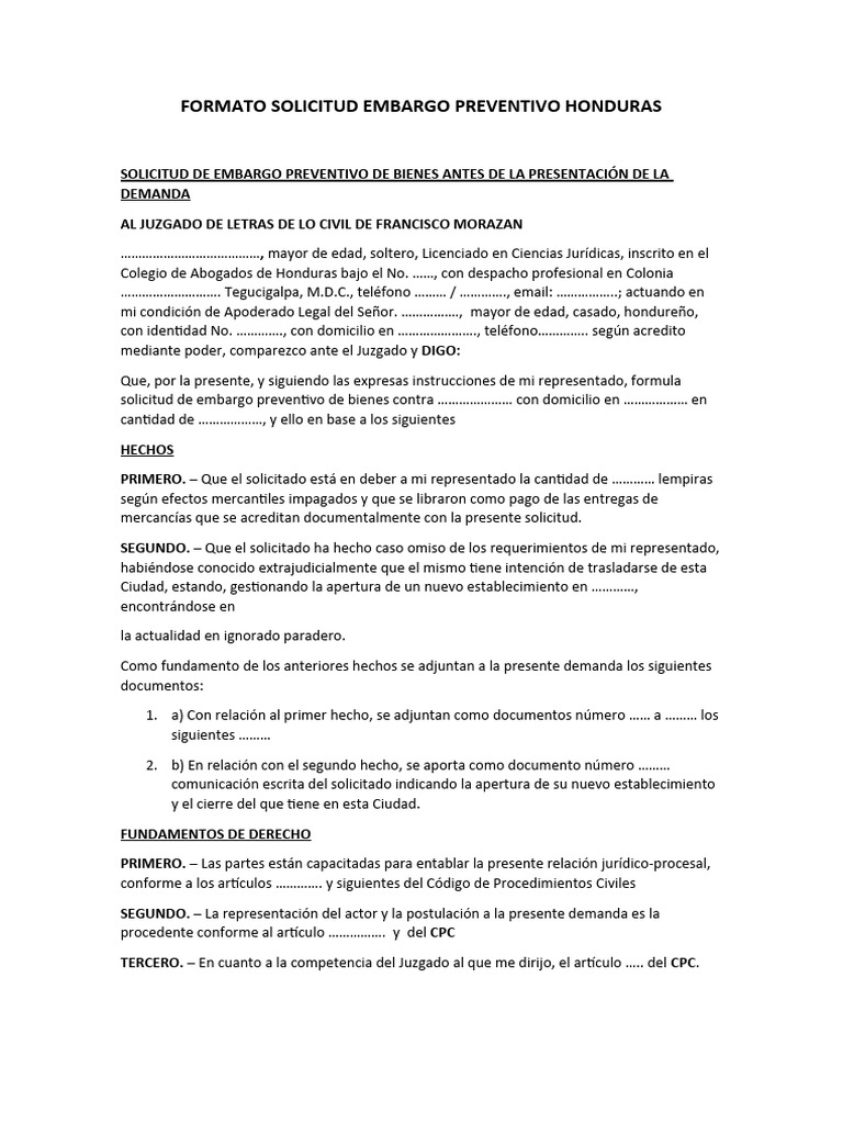 Formato Solicitud Embargo Preventivo HN | PDF | Demanda judicial | Mandato