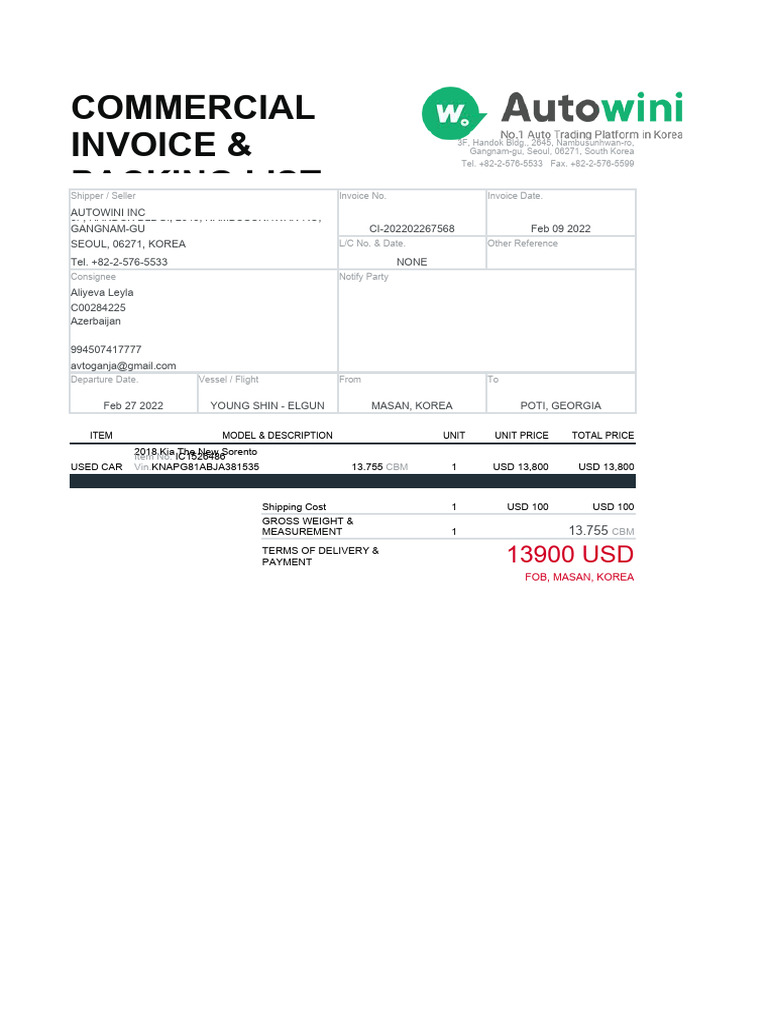 Commercial Invoice & Packing List: Shipper / Seller Invoice No. Invoice ...