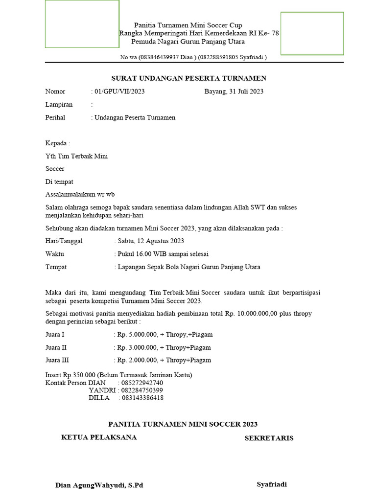 Surat Undangan Peserta Turnamen | PDF