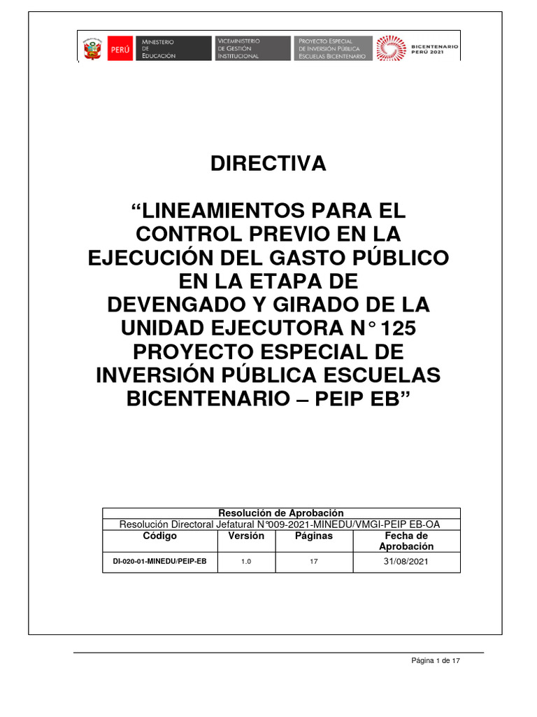 Lineamiento de Control Previo Aprobado Con RDJ009 PDF | PDF | Presupuesto | Dinero