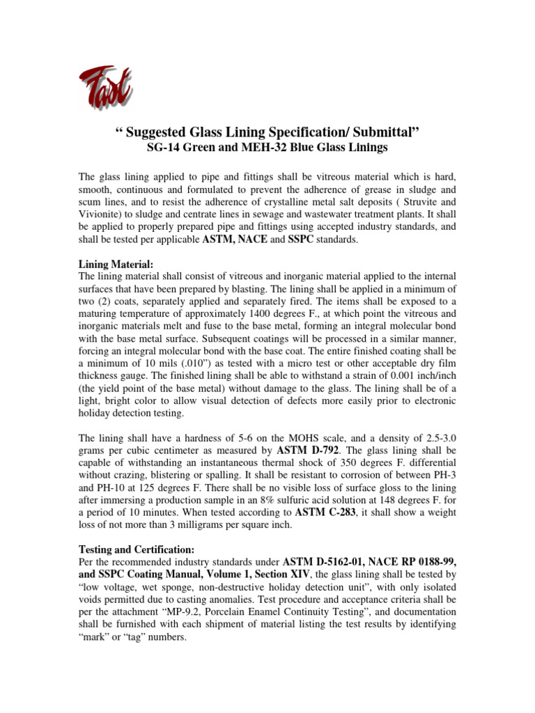 Glass Lining Specification for Piping | PDF | Pipe (Fluid Conveyance ...