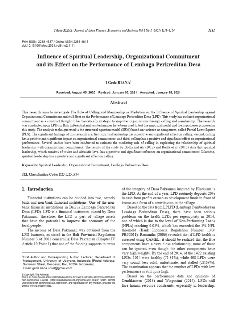 Influence of Spiritual Leadership, Organizational Commitment and Its ...
