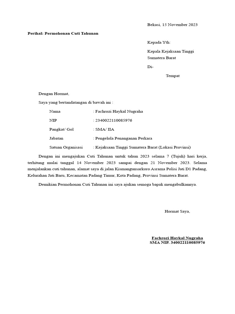 Contoh Surat Permohonan Cuti Tahunan (Pribadi) | PDF