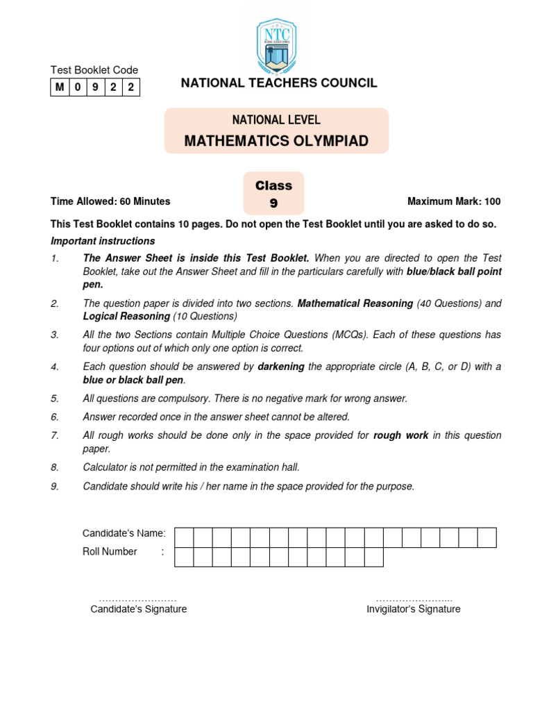 Class 9 (Nlmo 2022) | PDF | Multiple Choice | Rectangle