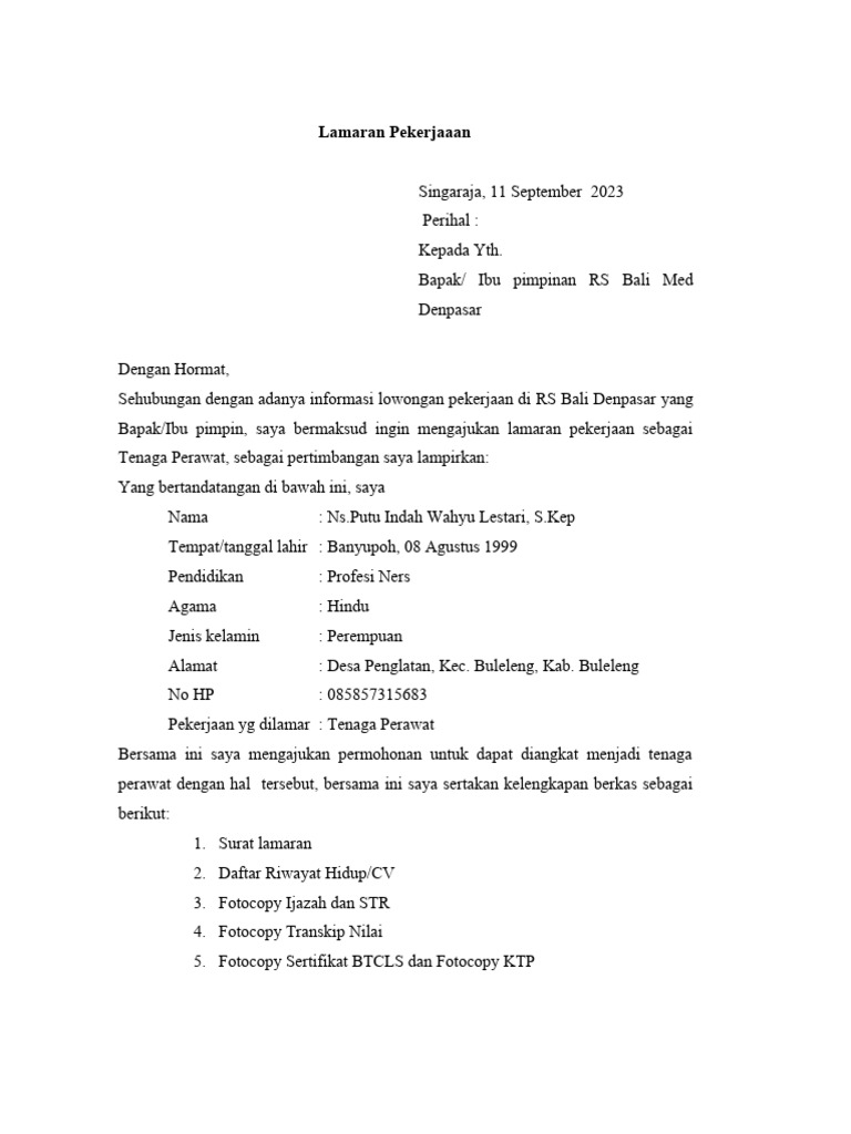 Surat Lamaran - CV - Putu Indah Wahyu Lestari | PDF