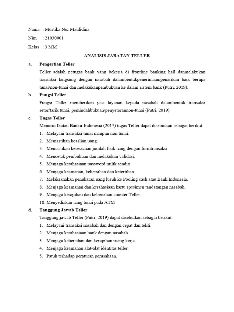Analisis Jabatan TELLER | PDF