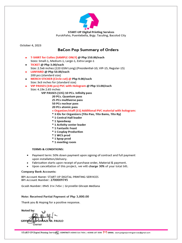 BaCon Pop Summary of Orders | PDF | Business | Service Industries