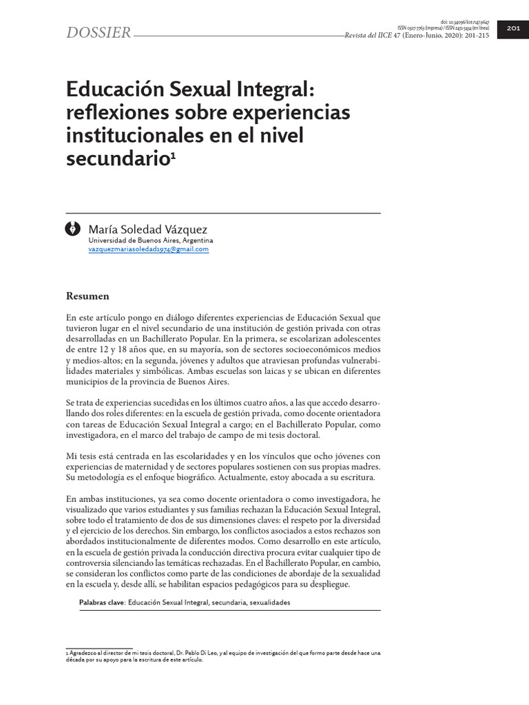 Vázquez, M. S. (2020) Educación Sexual Integral Reflexiones Sobre Experiencias Institucionales ...