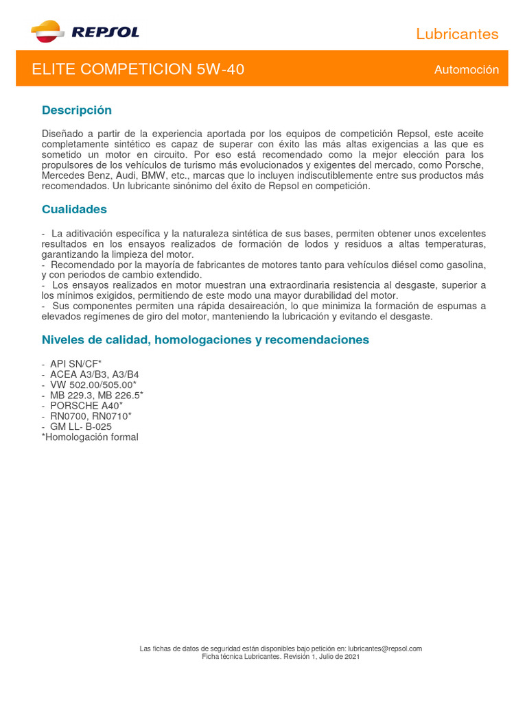 Elite Competicion 5w 40 | PDF | Lubricante | Vehículos terrestres