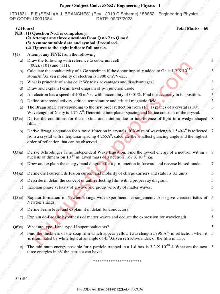 Be First Year Engineering Semester 1 2023 May Engineering Physics I Phy1rev 2019c Scheme | PDF ...