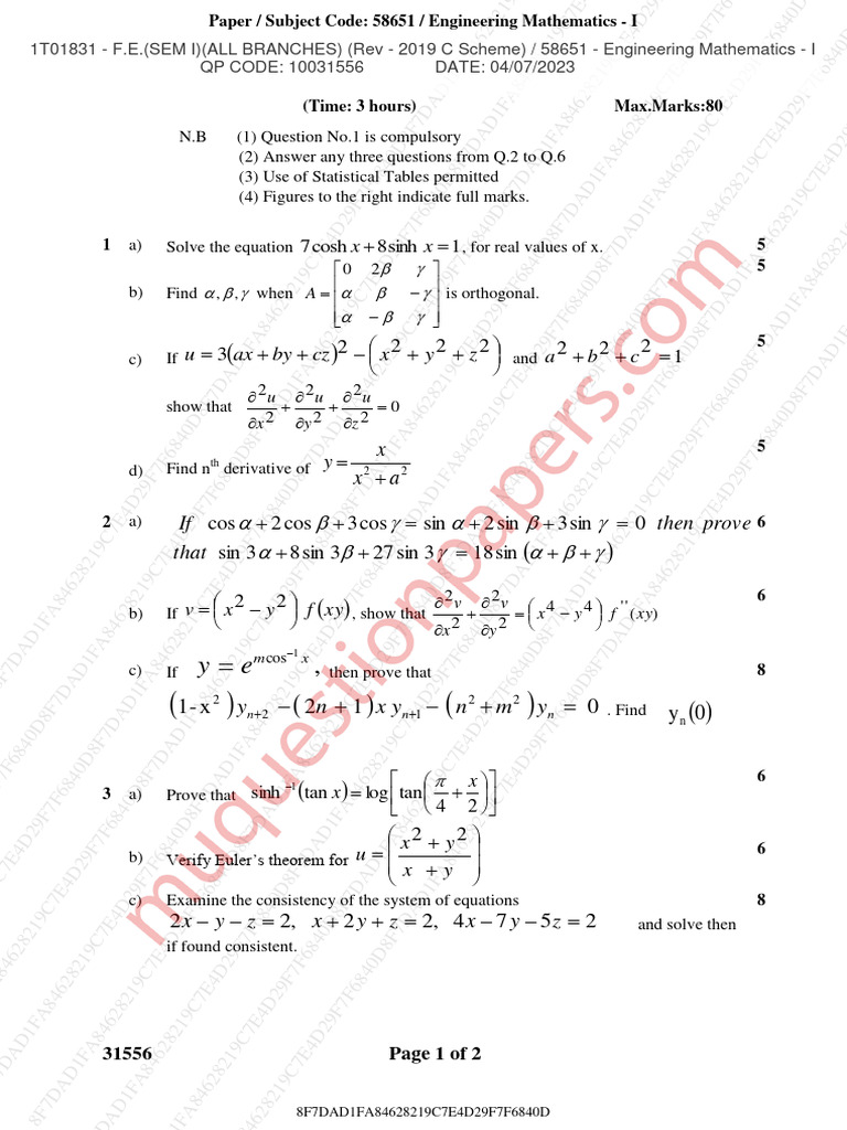 Be First Year Engineering Semester 1 2023 May Engineering Mathematics I M1rev 2019c Scheme | PDF ...