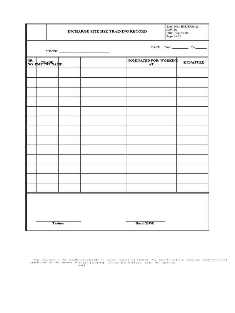 HSE FRM-03 Incharge Site HSE Training Record | PDF