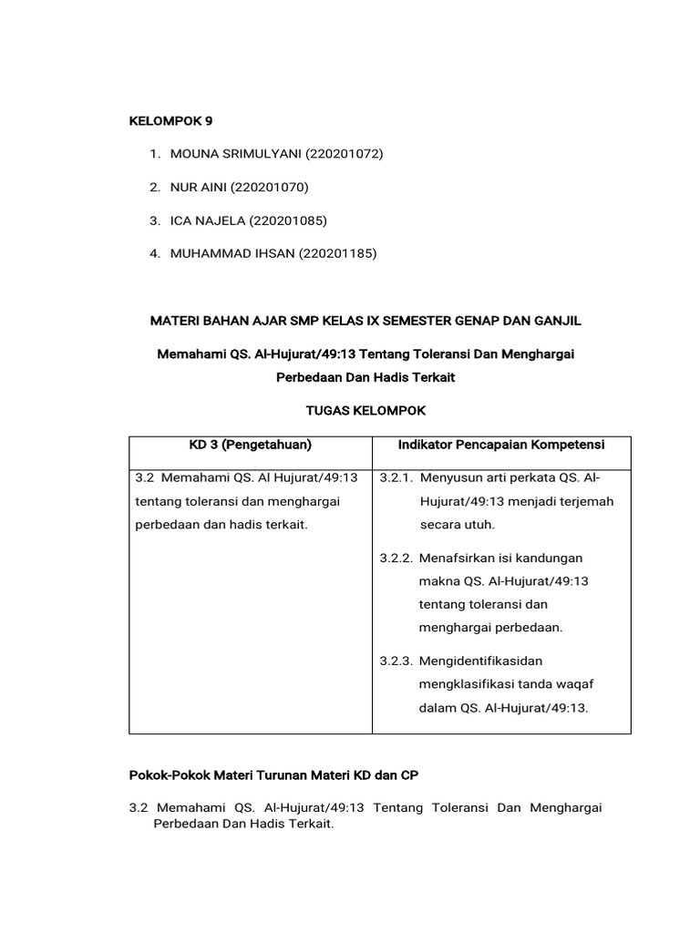 Materi Ajar Sesuai KD Dan TP (Kelompok 9) | PDF