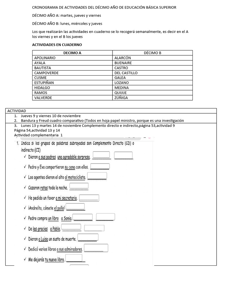 Cronograma de Actividades Del Décimo Año de Educación Básica Superior | PDF