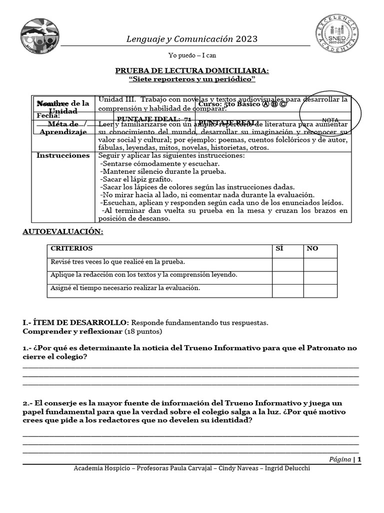 PRUEBA LECTURA 7 Reporteros y 1 Periodico 5tos | PDF | Comunicación ...