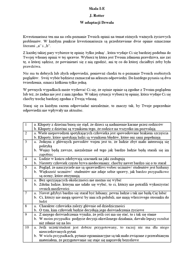 Skala I-E Rottera Kwestionariusz | PDF