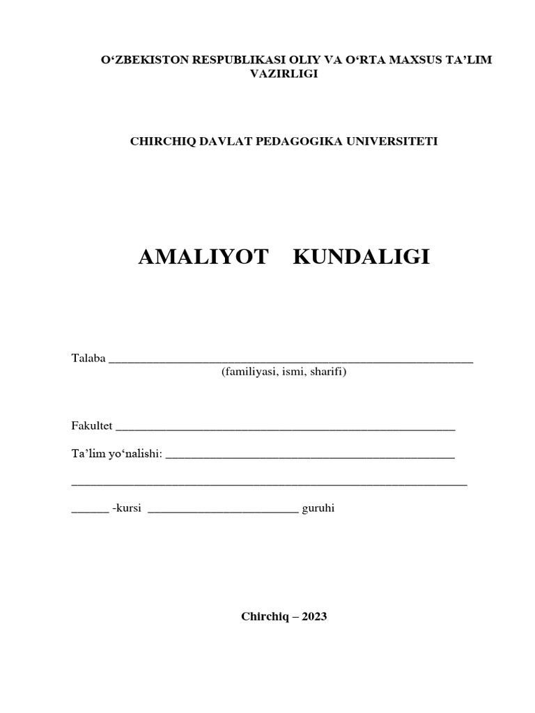 Amaliyot Kundaligi: O Zbekiston Respublikasi Oliy Va O Rta Maxsus Ta'Lim Vazirligi | PDF