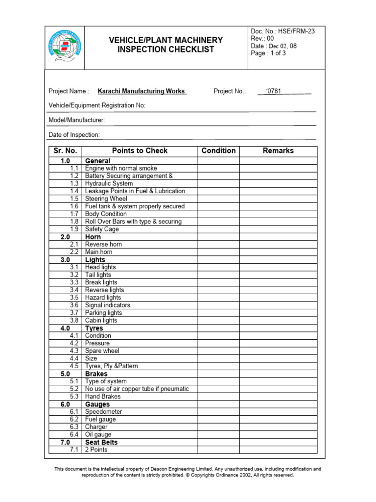 HSE FRM-23 Vehicle Plant Machinery Inspection Checklist | PDF ...