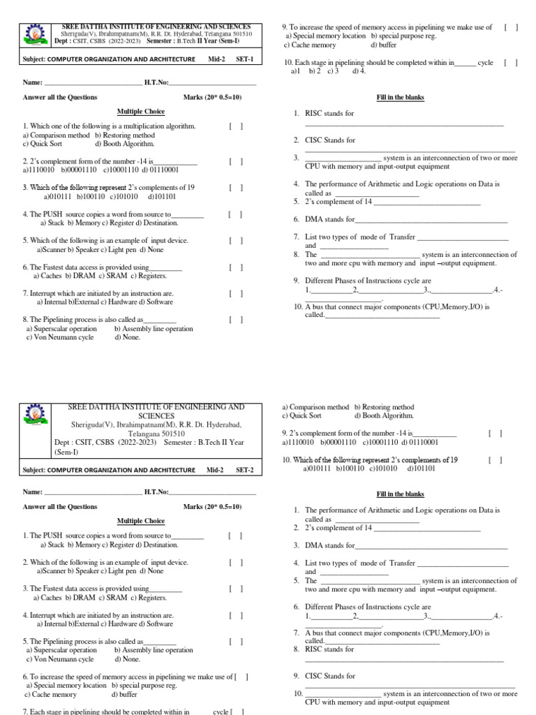 Coa Obj Mid-2 (Csit&Csbs) | PDF | Central Processing Unit | Input/Output