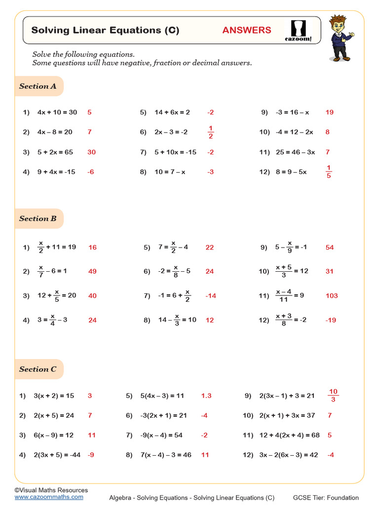 Cazoom Maths Solving Equations Solving Linear Equations C Answers | PDF ...