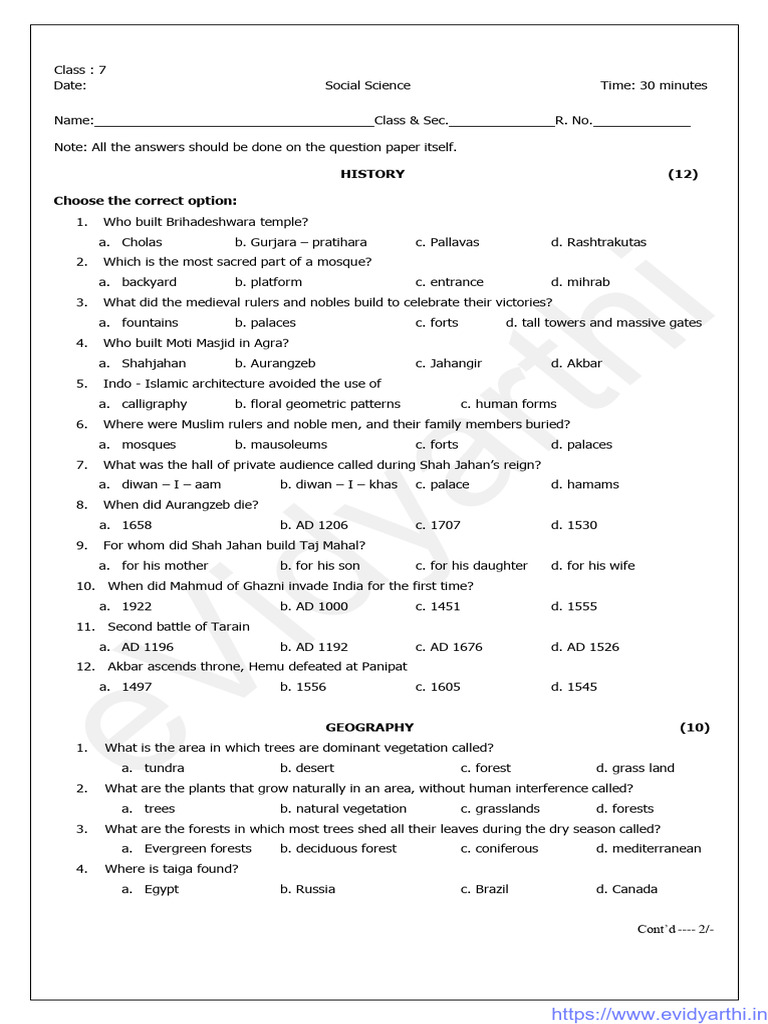Class 7 Social Science Quiz | PDF | Forests | Tropics