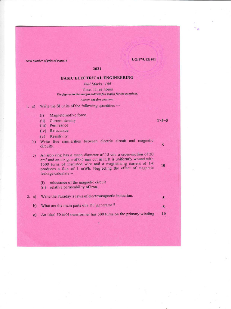 Basic Electrical Engineering Exam Paper | PDF | Transformer | Physical ...