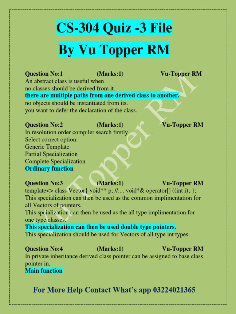 CS304 Quiz-3 by Vu Topper RM | PDF | Class (Computer Programming ... CS304 Quiz-3 by Vu Topper RM | PDF | Class (Computer Programming ...