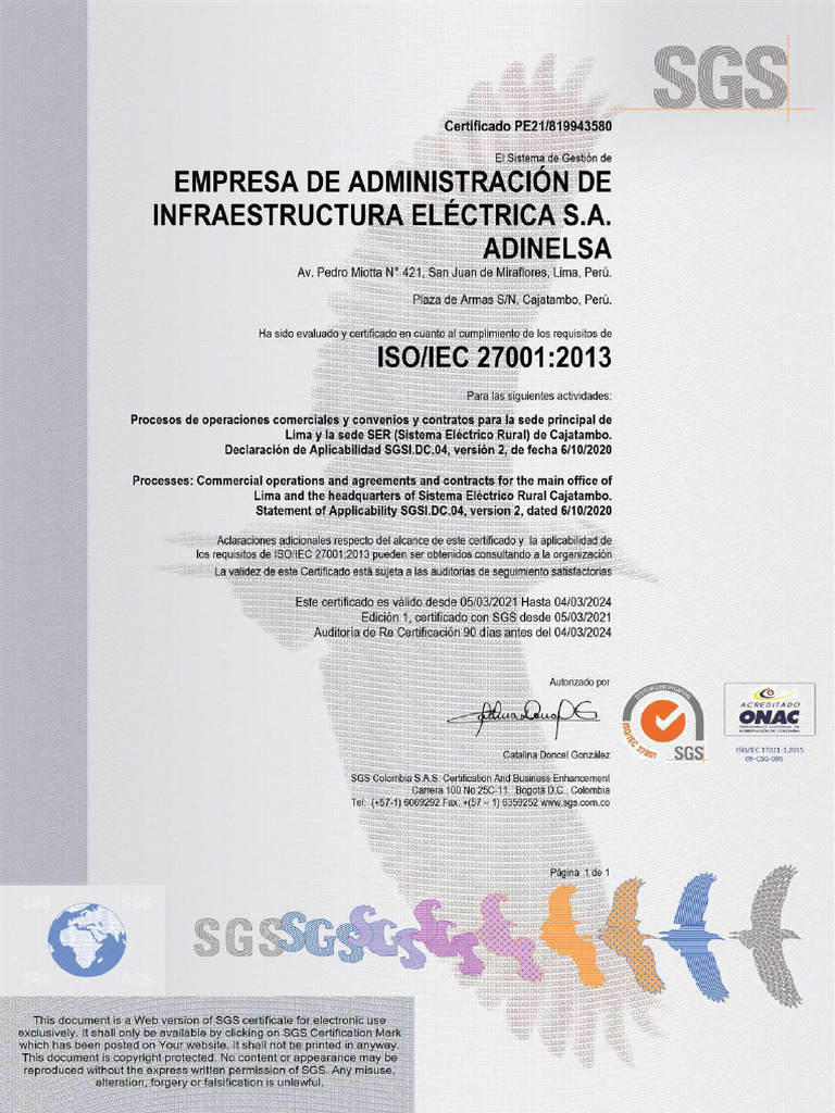 Certificado Iso27001 Adinelsa | PDF
