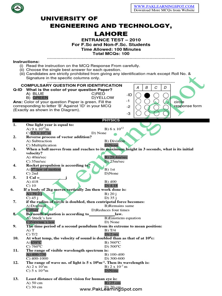 ECAT 1 Past Papers PakLearningSpot | PDF | Series And Parallel Circuits ...