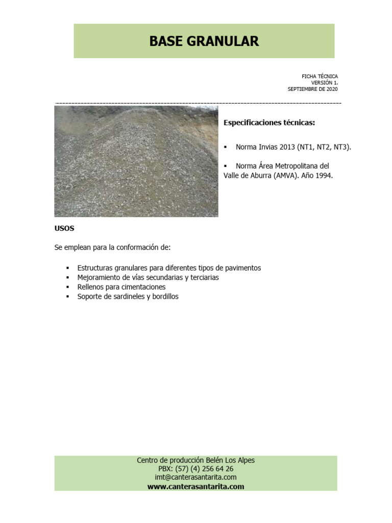 Ficha Técnica Base Granular Invias | PDF | Ingeniería de Edificación | Ciencias fisicas