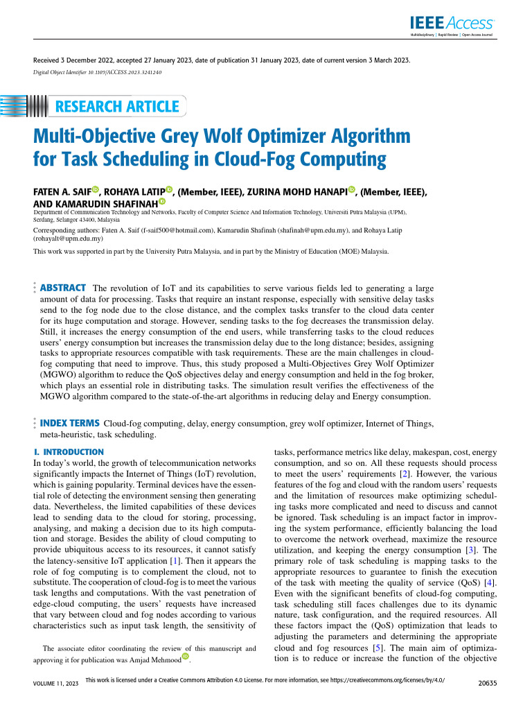 Multi-Objective Grey Wolf Optimizer Algorithm For Task Scheduling in Cloud-Fog Computing | PDF ...