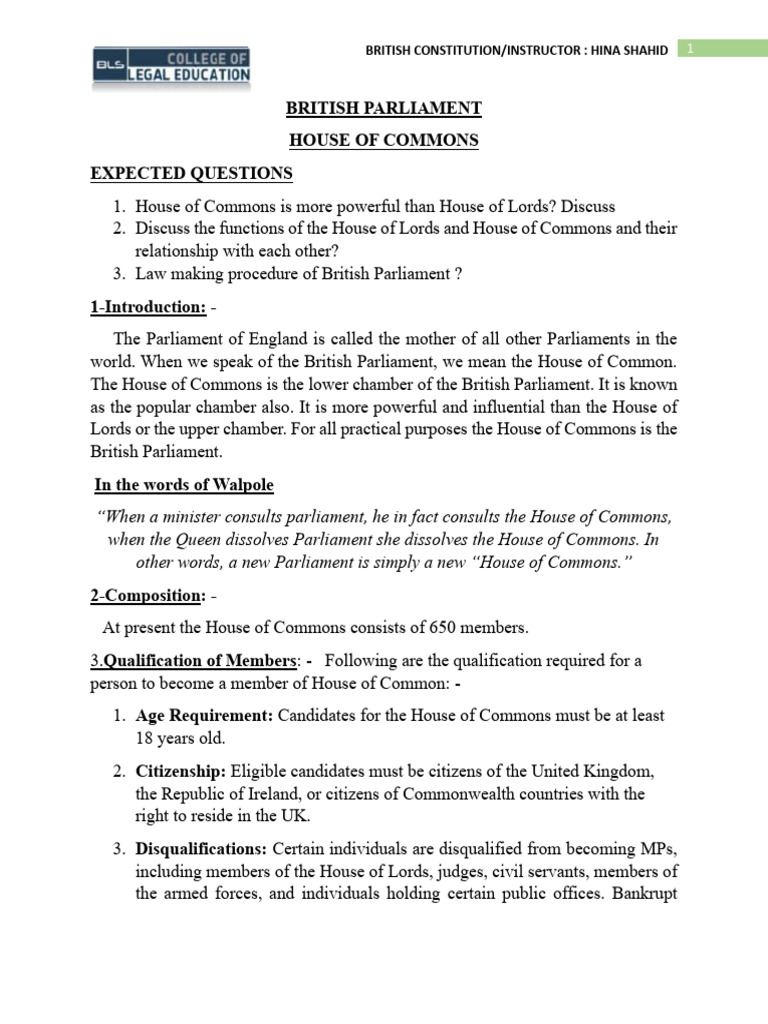 British Parliament-House of Commons | PDF | House Of Commons Of The ...