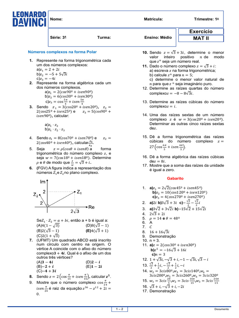 Números complexos na forma Polar. | PDF | Número complexo | Matemática