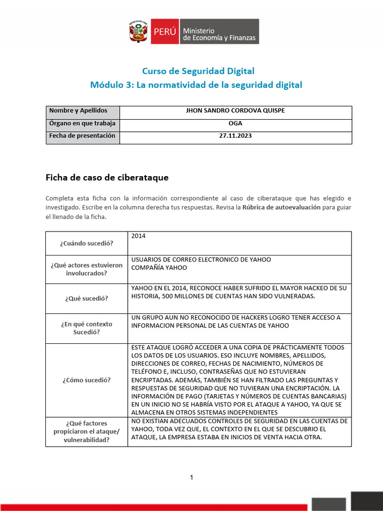 Curso SD - Módulo 3 Ficha de Actividad - JHON CORDOVA | PDF | Yahoo! | Contraseña