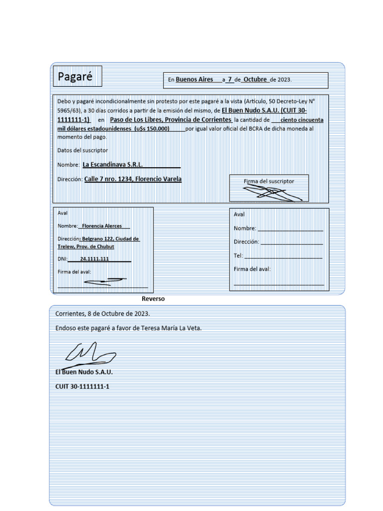 Pagaré en USD de La Escandinava S.R.L. | PDF