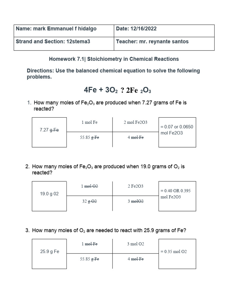 Homework 7.1 Stoichiometry in Chemical Reactions 1 | PDF | Mole (Unit ...