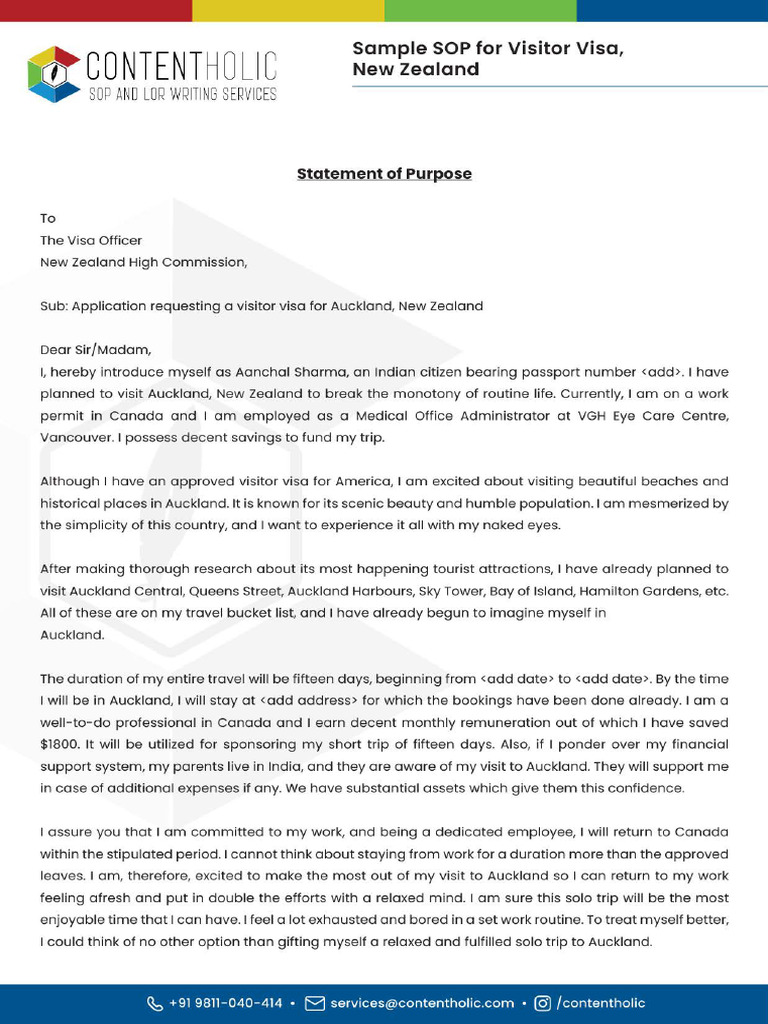 Visitor Visa SOP Sample For New Zealand | PDF