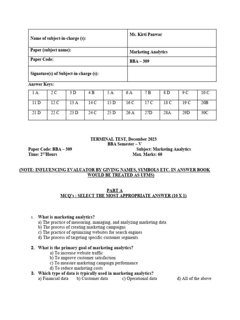 Question Bank - MA | PDF | Marketing | Analytics