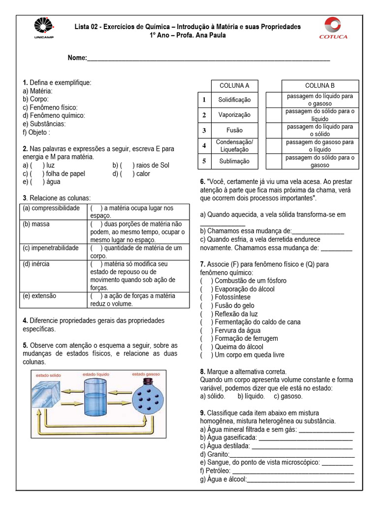 1ºANO Lista 02 Introducao A Materia | PDF | Mistura | Água 1ºANO Lista 02 Introducao A Materia | PDF | Mistura | Água