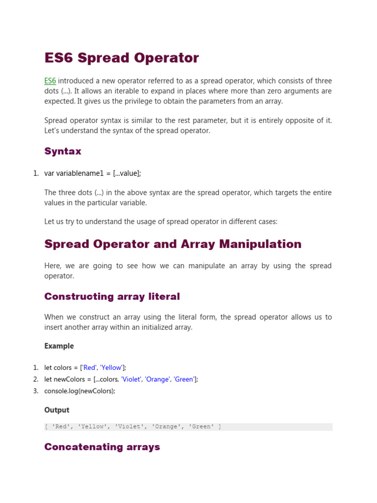 ES6 Spread Operator | PDF | Parameter (Computer Programming) | Software Development