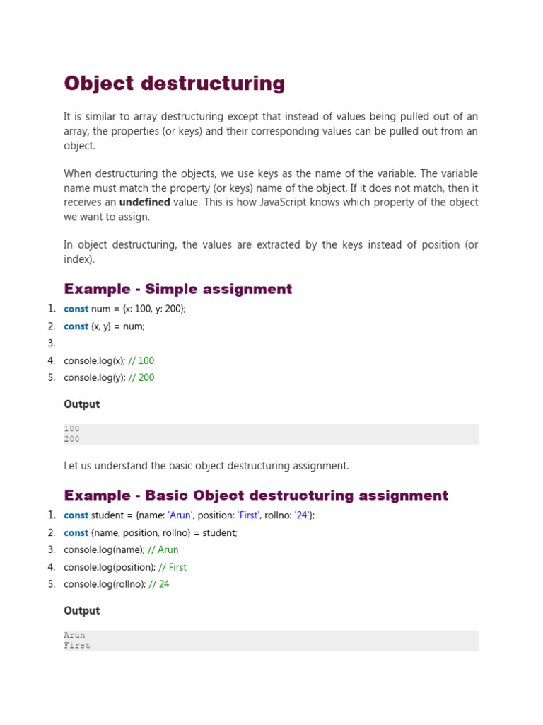 ES6 Object Destructuring | PDF | Software Development | Programming Paradigms