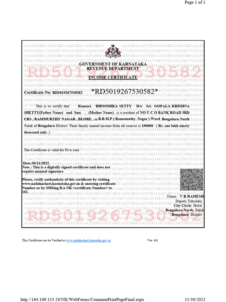 Government of Karnataka Revenue Department Income Certificate | PDF
