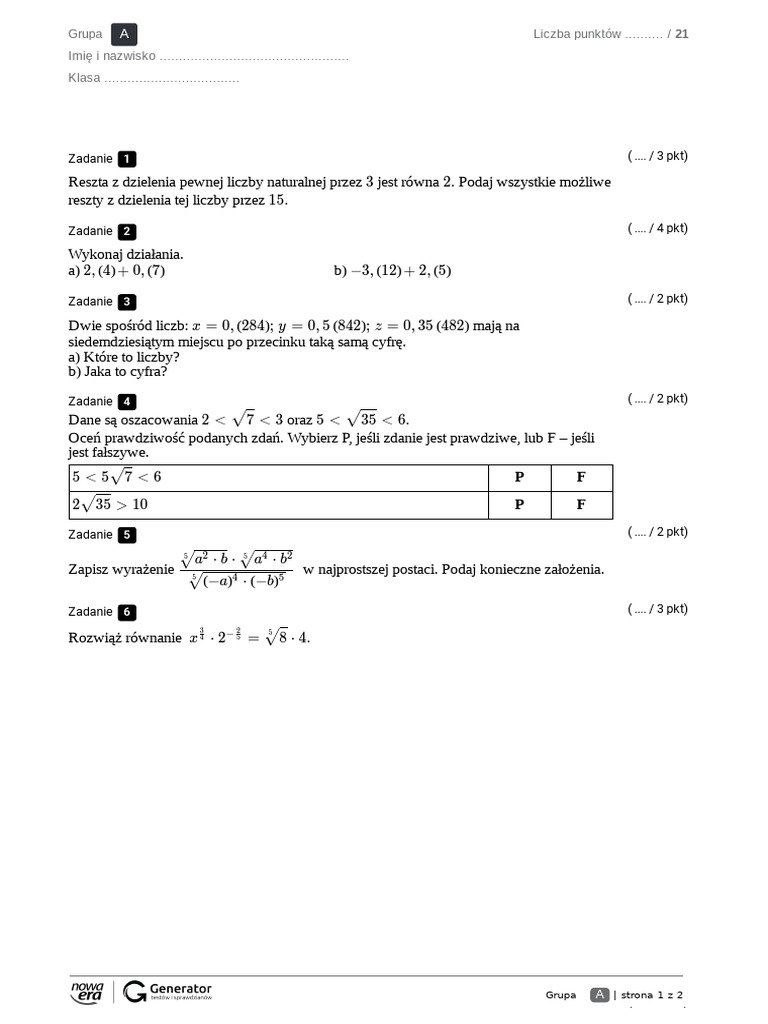 Liczby Rzeczywiste Klasówka Poziom Trudniejszy Test Pdf