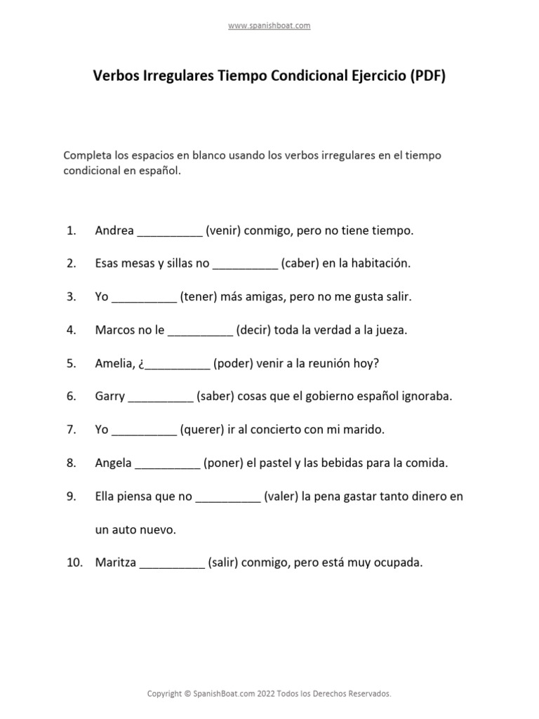 Verbos Irregulares Tiempo Condicional Ejercicio | PDF | Hogar ...
