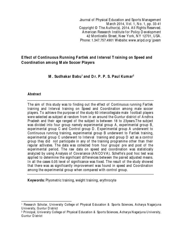 Effect of Continuous Running Fartlek and Interval Training On Speed and Coordination Among Male ...