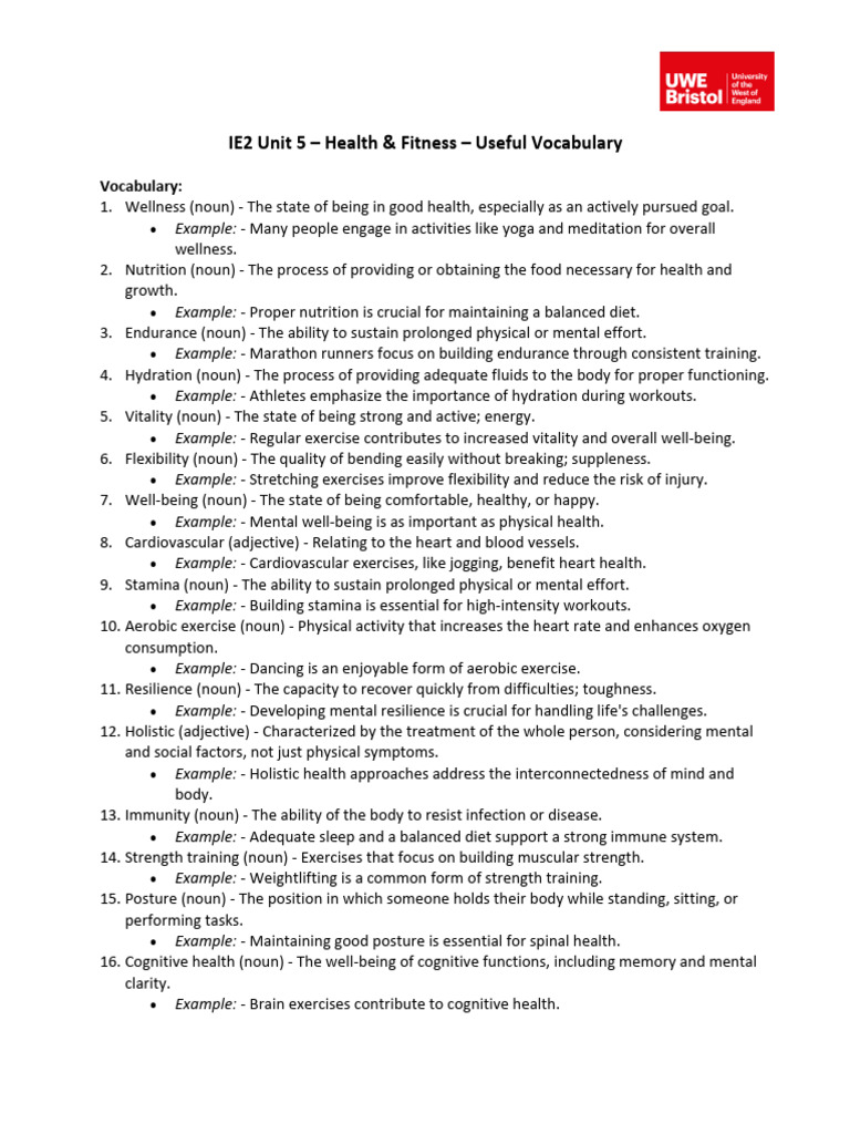 IE2 Unit 5 - Health & Fitness - Useful Vocabulary | PDF | Physical ...