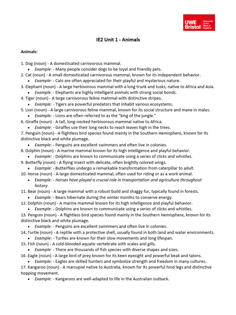 IE2 Unit 1 - Animals - Useful Vocabulary | PDF | Mammals | Predation