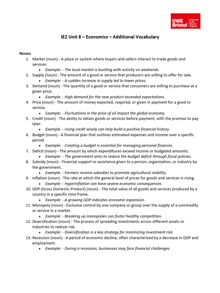 Unit 8 Economics Vocabulary Guide | PDF | Investing | Prices