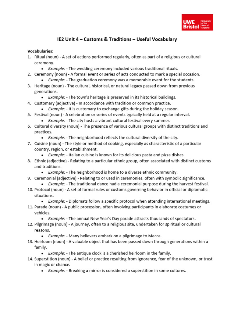 IE2 Unit 4 - Customs & Traditions - Useful Vocabulary | Download Free ...