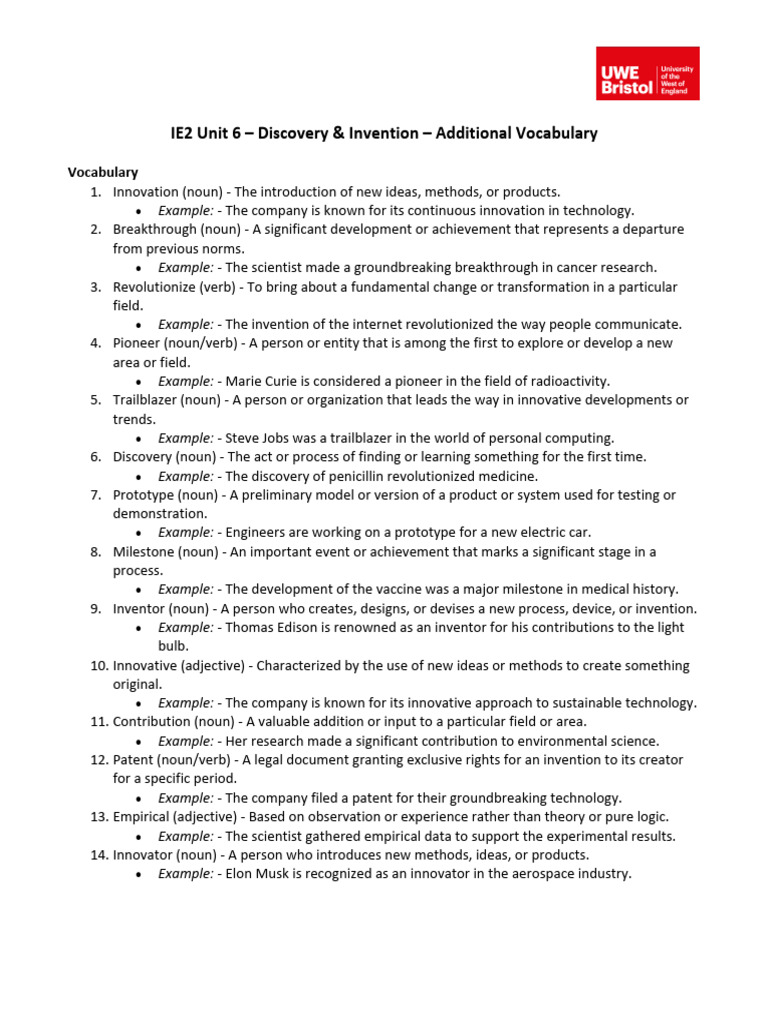 IE2 Unit 6 - Discovery & Invention - Useful Vocabulary | PDF ...